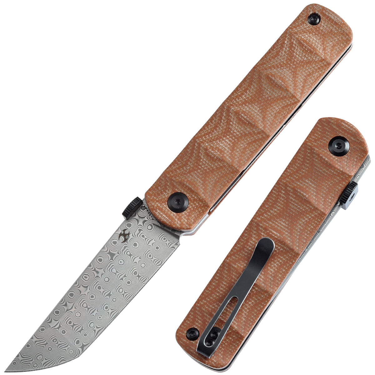 KANSEPT BTF Thumb Disc Knife Brown Micarta Handle (3.24'' Damascus Bla ...