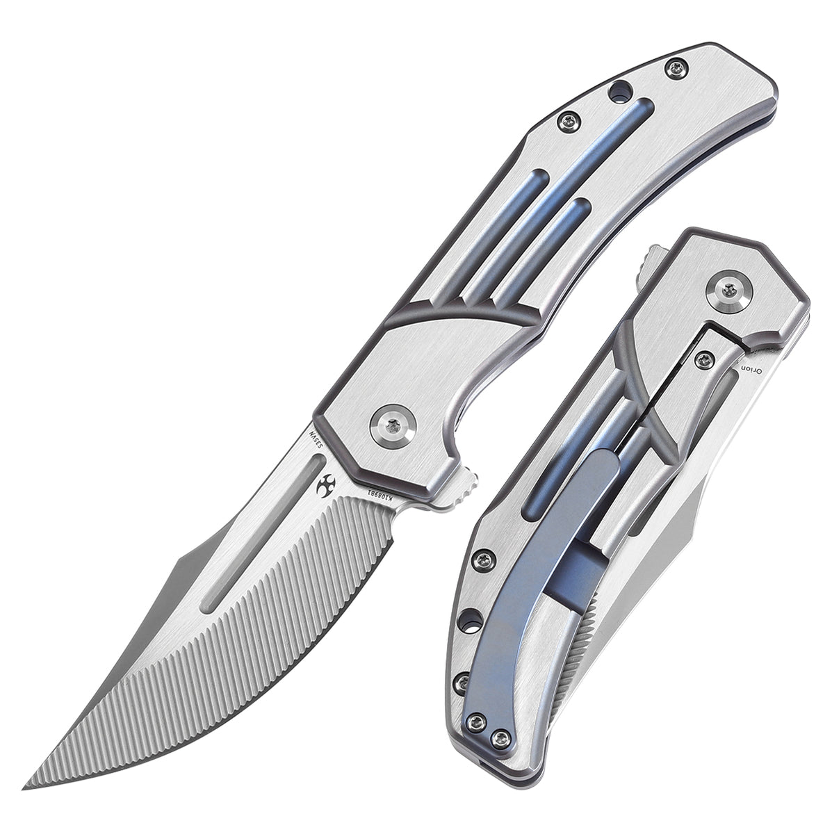 KANSEPT Orion Flipper Blue Anodized and Machine Satin Titanium Handle — Kanseptknives