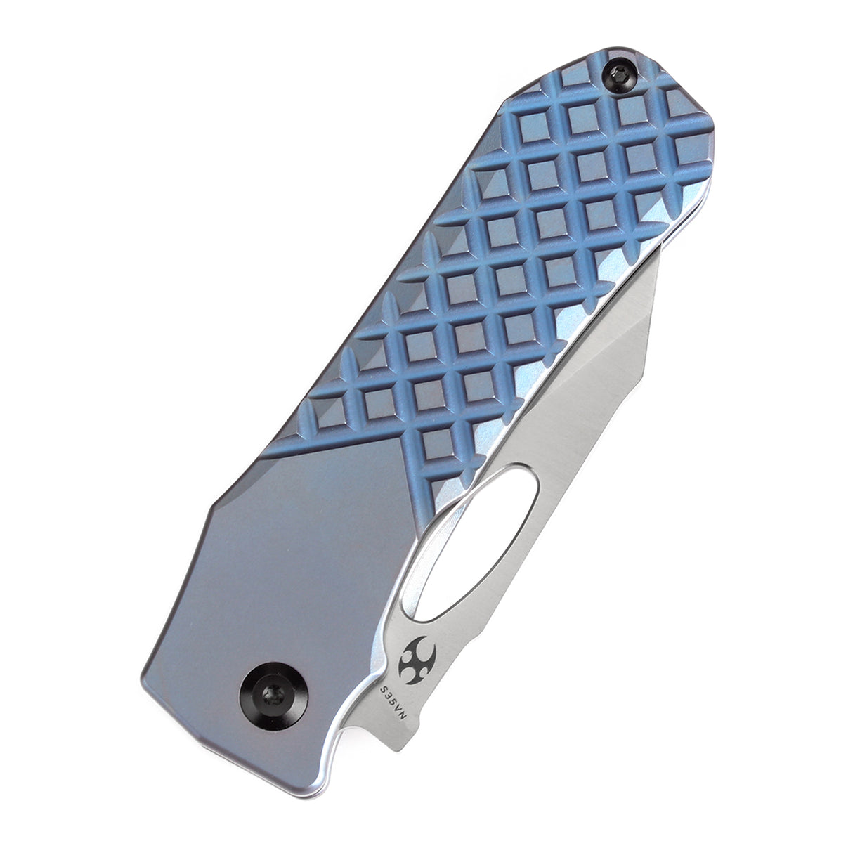 KANSEPT Loki Thumb Hole Knife Blue Anodized Titanium with Frag Pattern — Kanseptknives